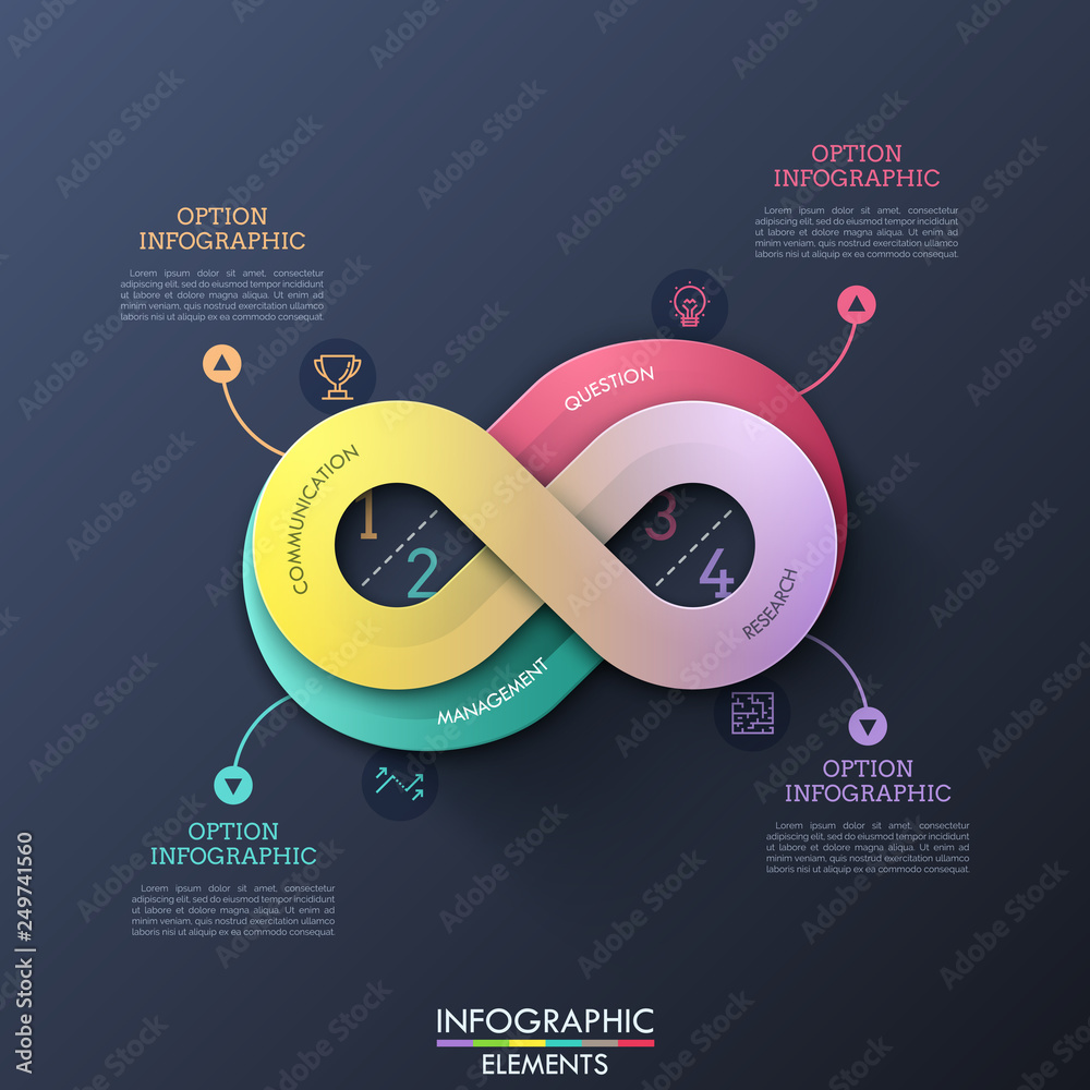 Creative infographic design template in shape of infinity sign with 4 ...