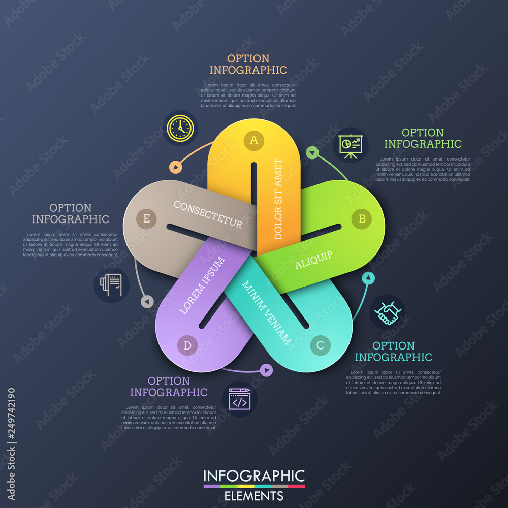 Unusual infographic design layout. 5 colorful elements with gaps ...