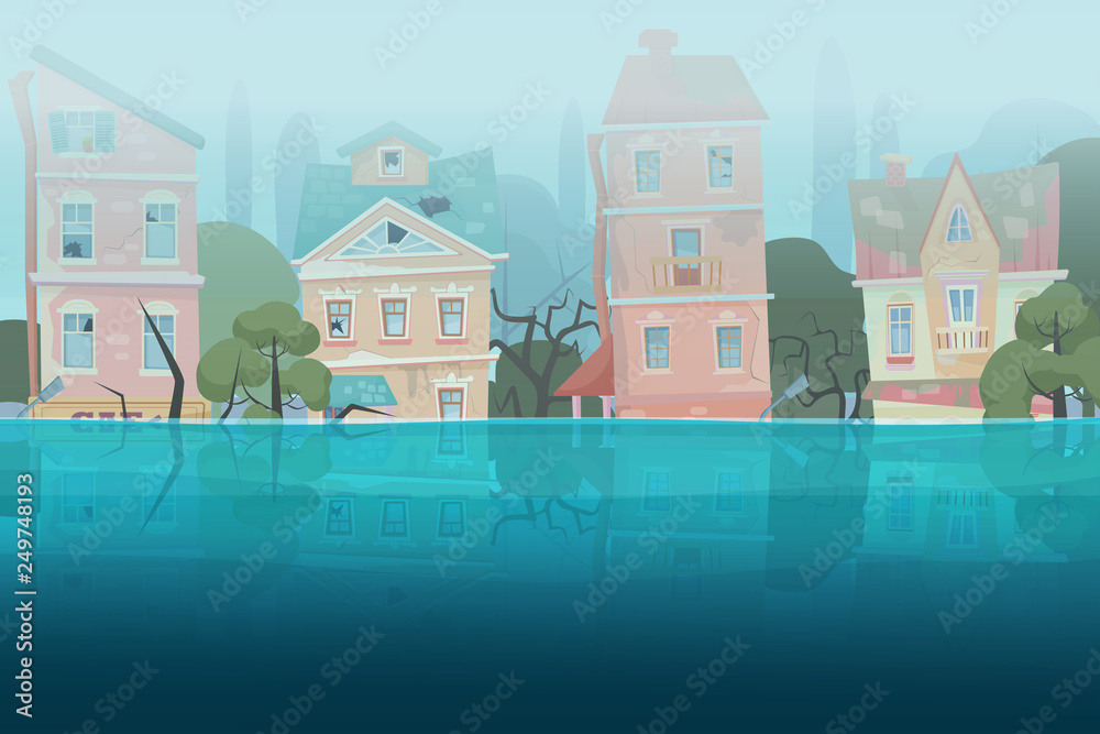 Damaged by natural disaster flood houses and trees partially submerged ...