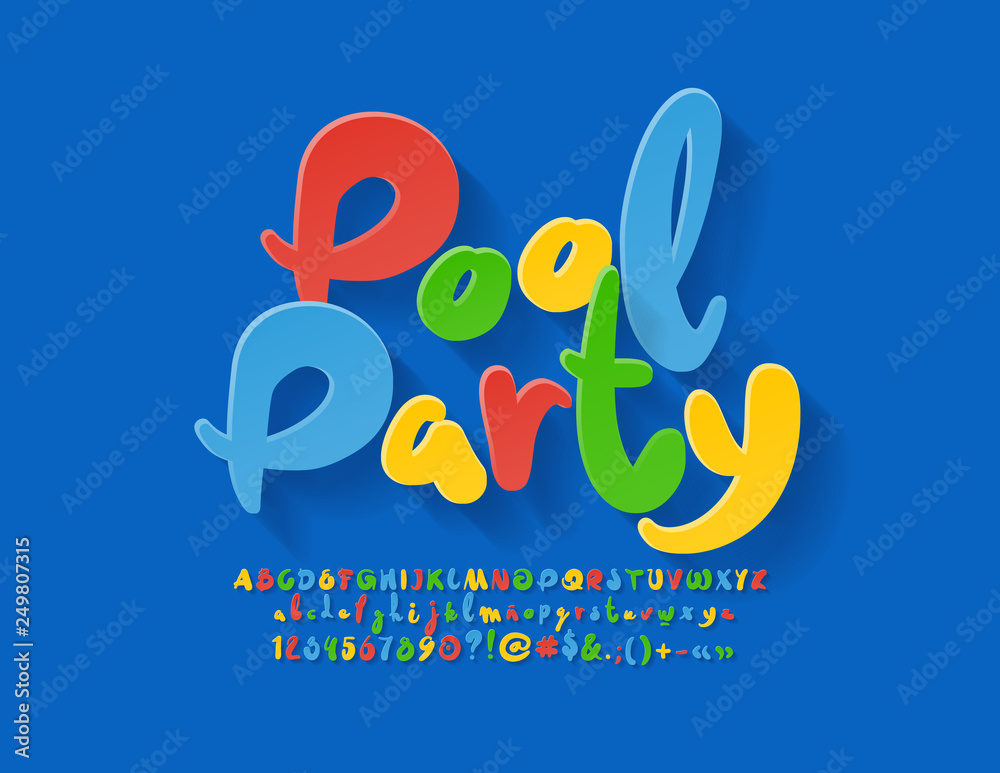 Vector Colorful banner Pool party with flat Font. Bright Handwritten ...