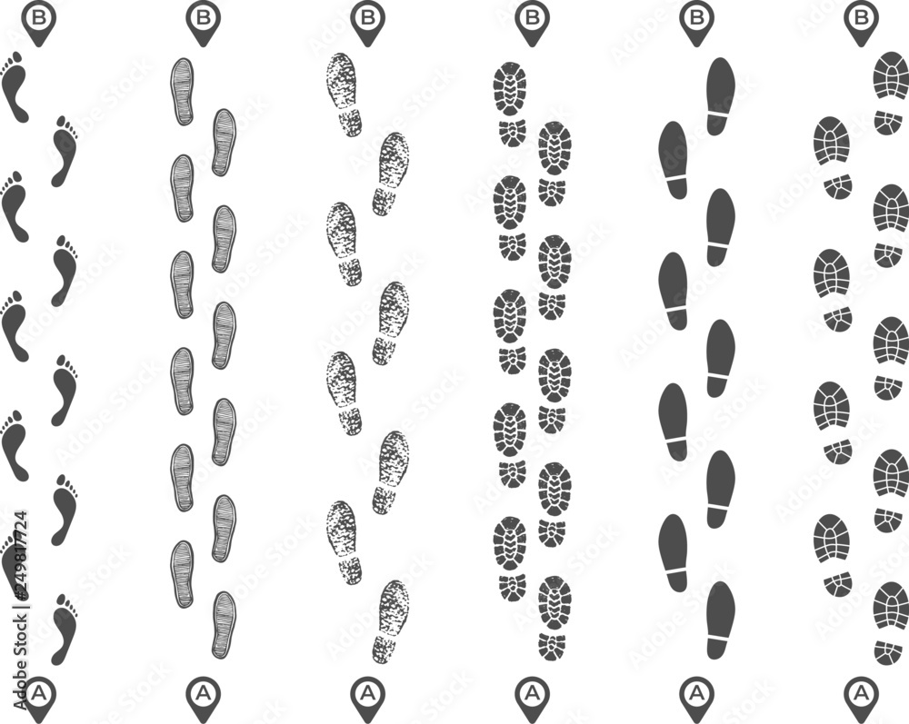 Footsteps track routes. Footprint trail, footstep imprint way route and ...