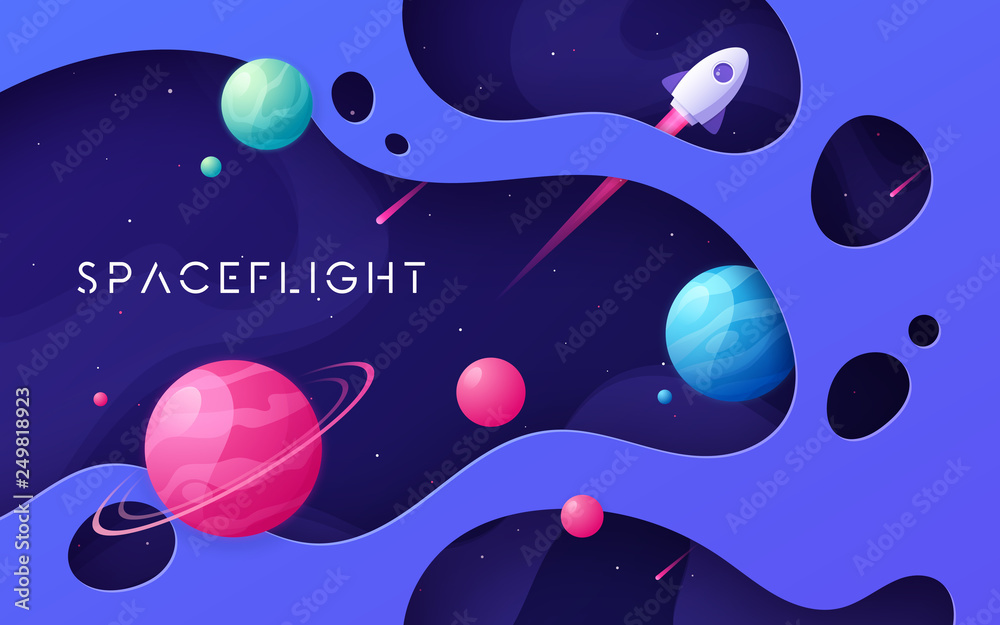 Colorful cartoon outer space background, design, banner, artwork. Stock ...