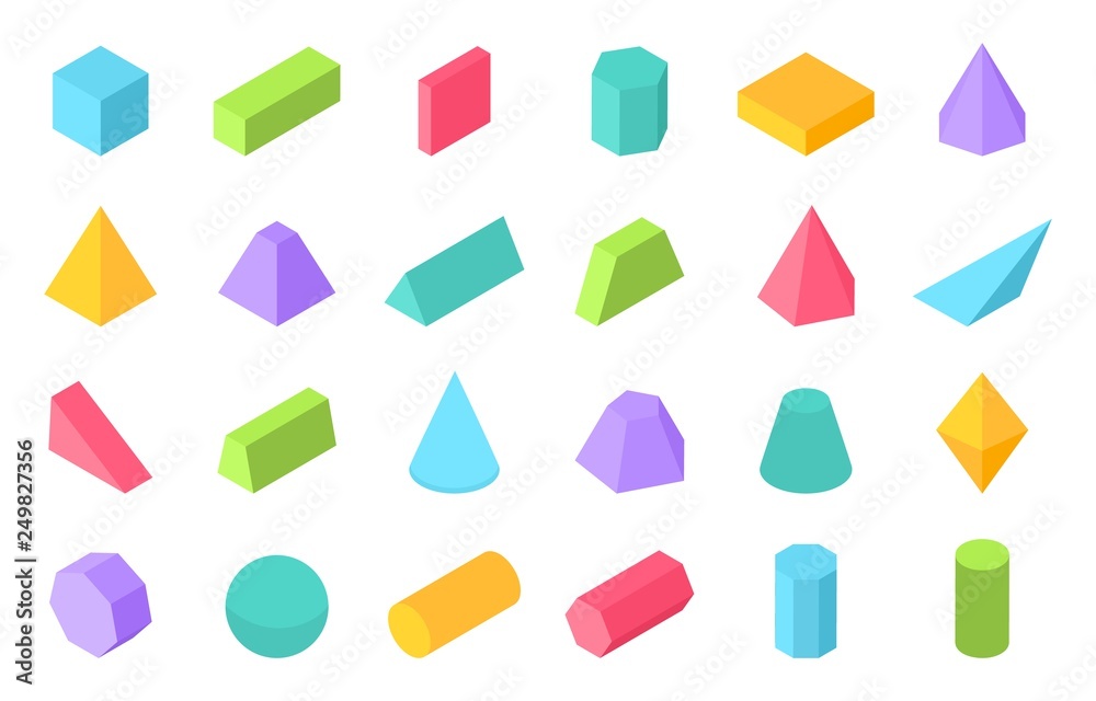 Isometric shapes. 3D geometric form, flat geometry polygon objects such ...
