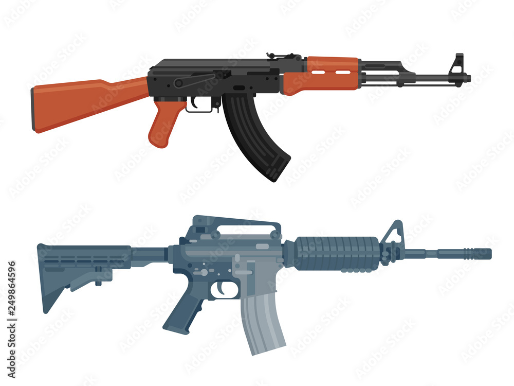 M16 assault rifle and AK 47 Kalashnikov machine gun isolated on white ...
