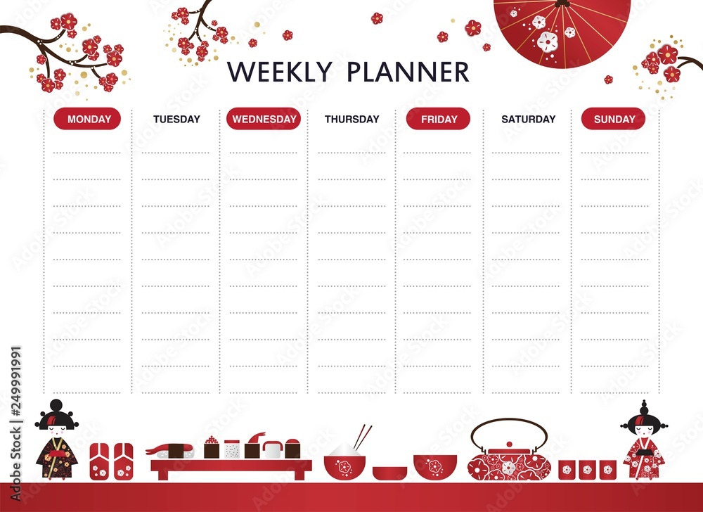 Weekly planner template design in cartoon style. Japanese oriental ...