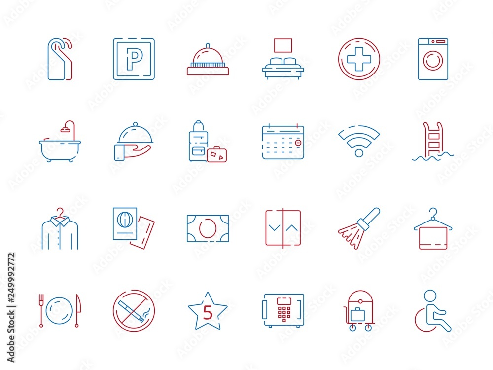Hotel related symbols. Bathroom hospital travel places spa breakfast ...