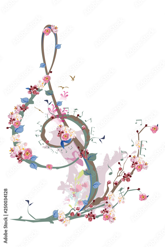 Abstract treble clef decorated with spring flowers, notes, birds. Hand ...