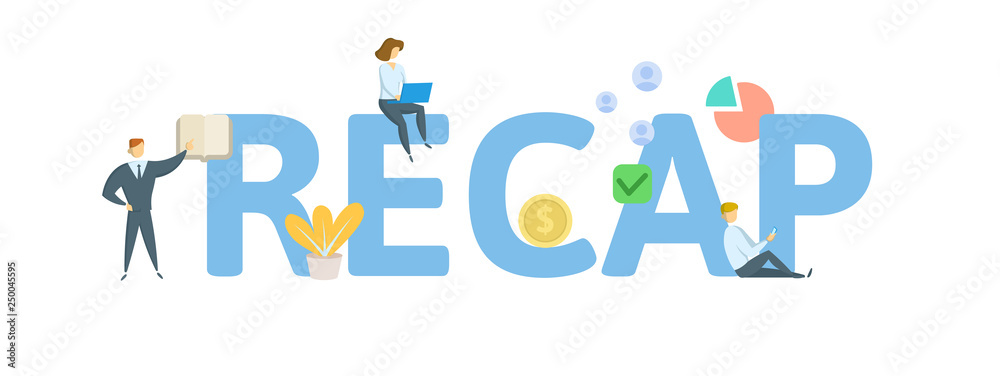 RECAP. Concept with people, letters and icons. Colored flat vector ...