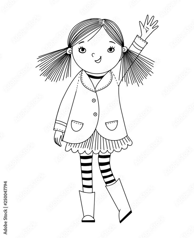 Little girl is waving her hand. Black and white illustration for ...