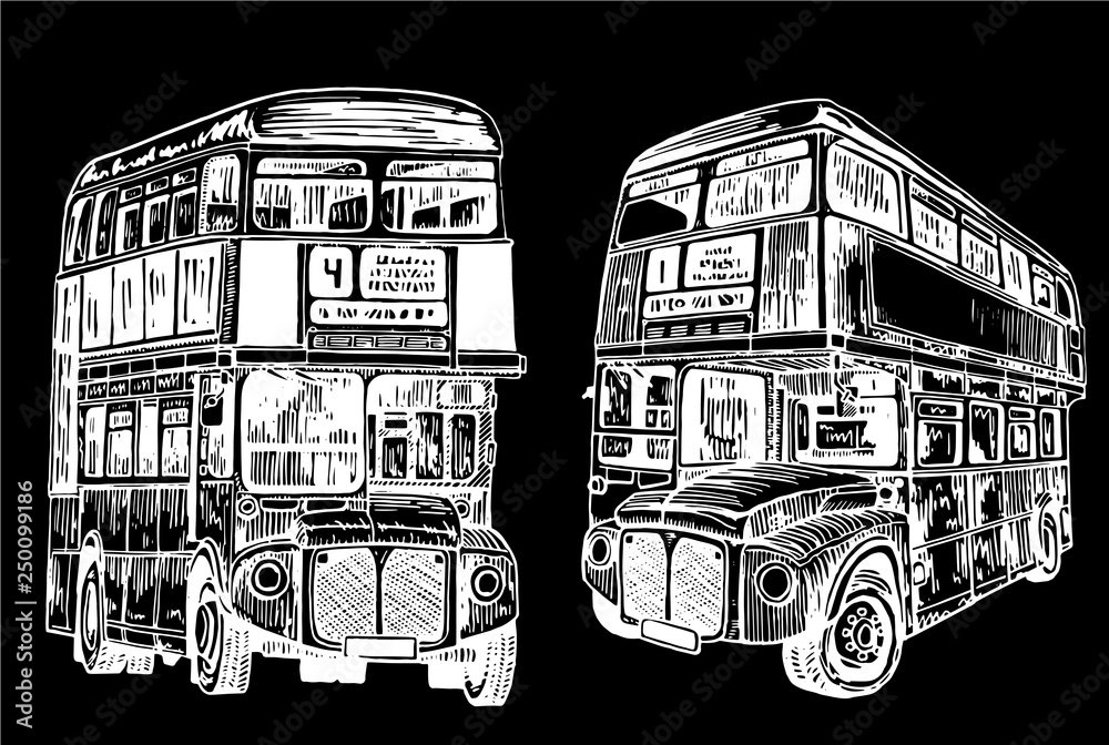 Graphical set of double decker buses isolated on black background ...