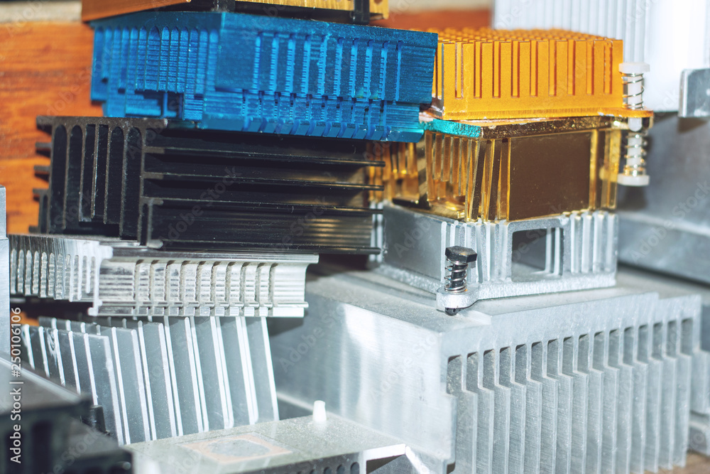 Passive cpu cooler radiator. Various finned heat-sink, copper and ...