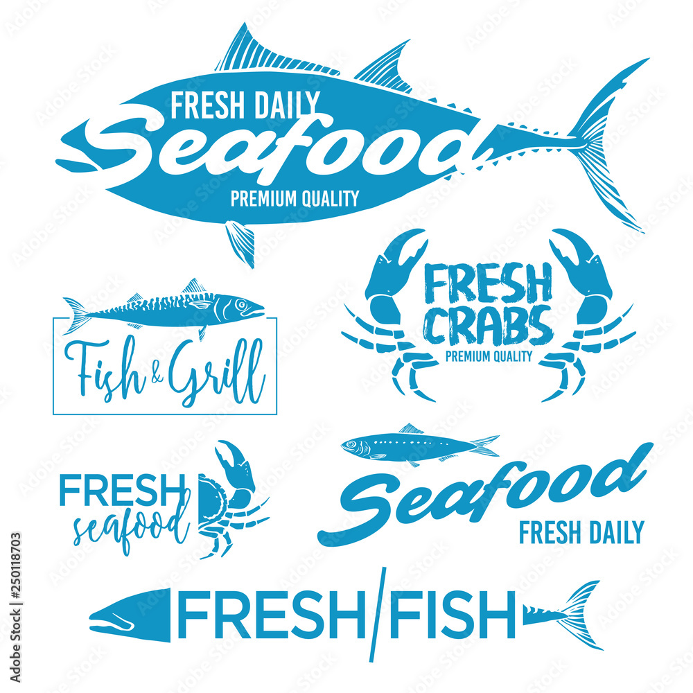 Image vectorielle Stock Set of seafood logos. Grill, crab, restaurant ...