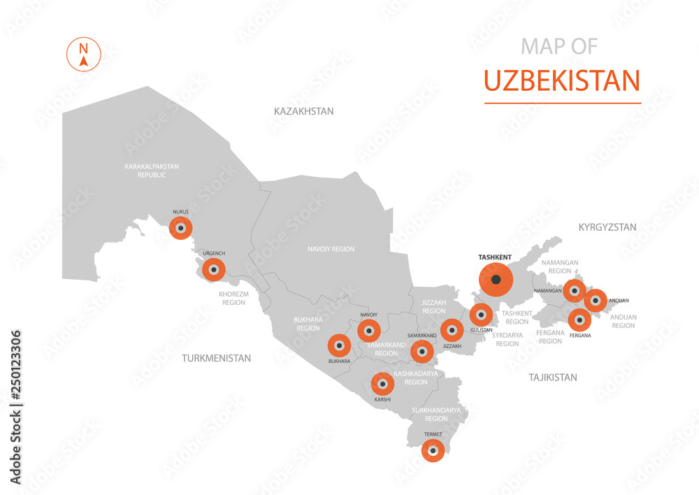 Stylized vector Uzbekistan map showing big cities, capital Tashkent ...