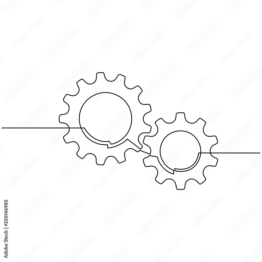 Continuous line drawing of gears wheel. Gears are drawn by a single ...