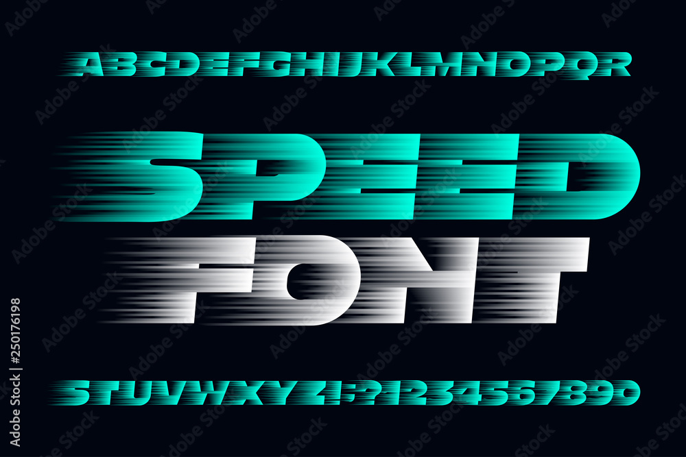 Speed alphabet font. Fast speed effect uppercase letters, numbers and ...