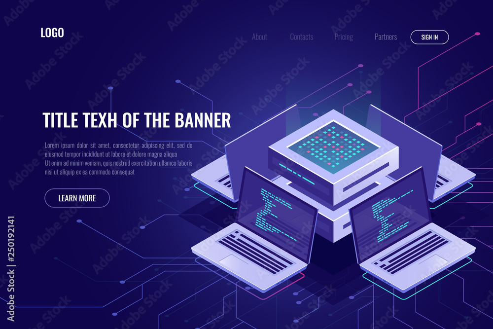 Artificial intelligence isometric abstract banner, neural network ...