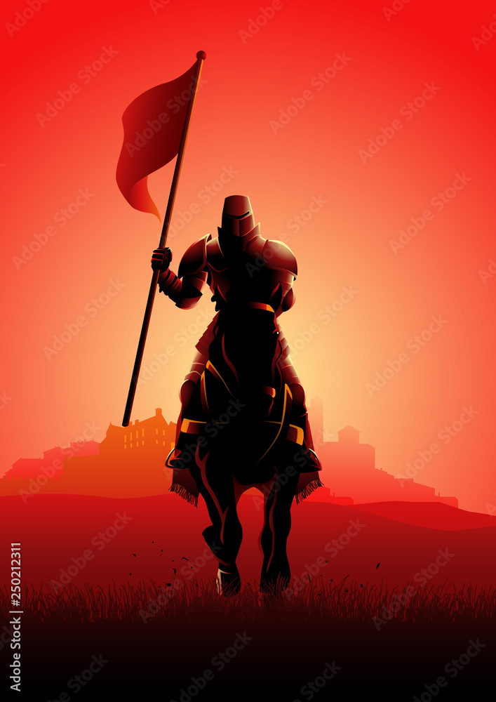 Medieval knight on horse carrying a flag Stock Vector | Adobe Stock