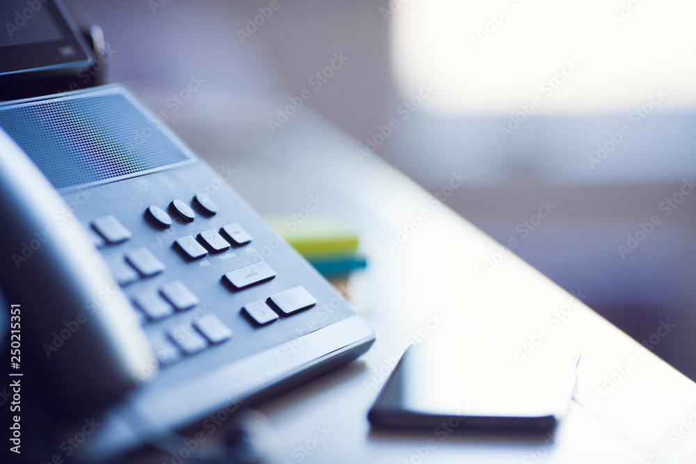 Ip telephony concept. Modern ip phones, sip terminals, conference ...