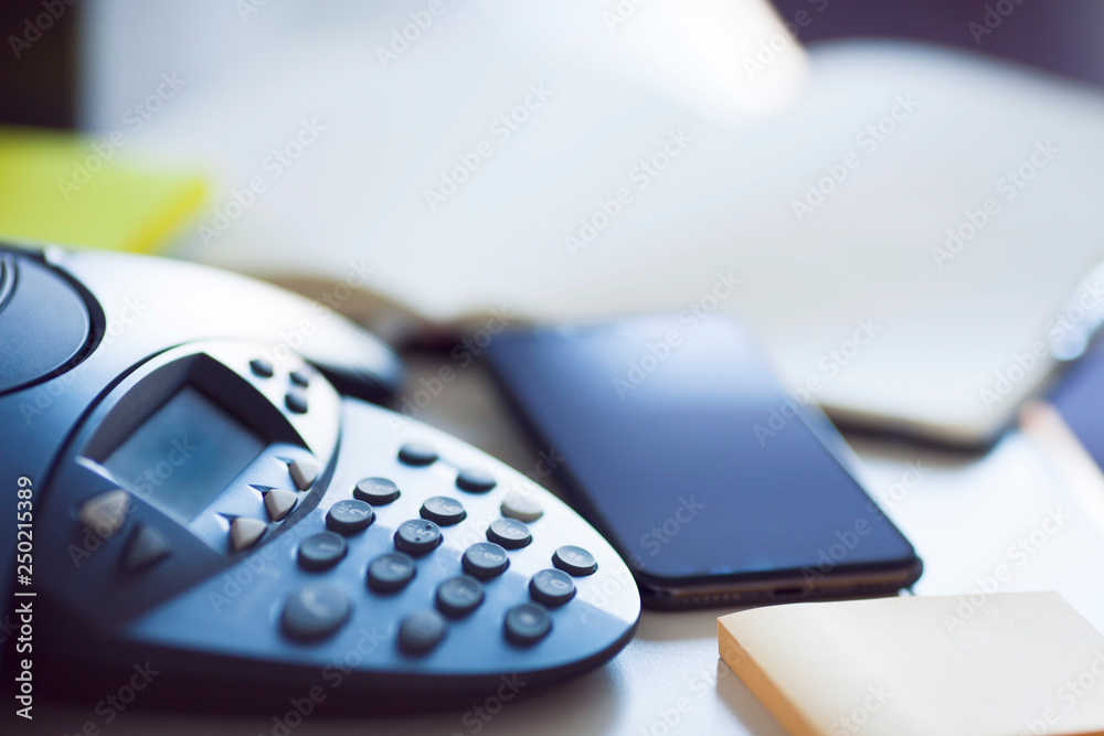 Ip telephony concept. Modern ip phones, sip terminals, conference ...