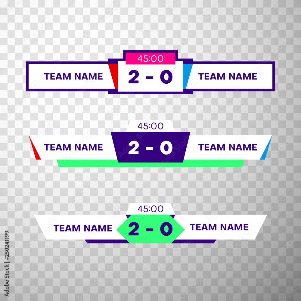 Scoreboard templates with team name, score and game timer for sporting ...