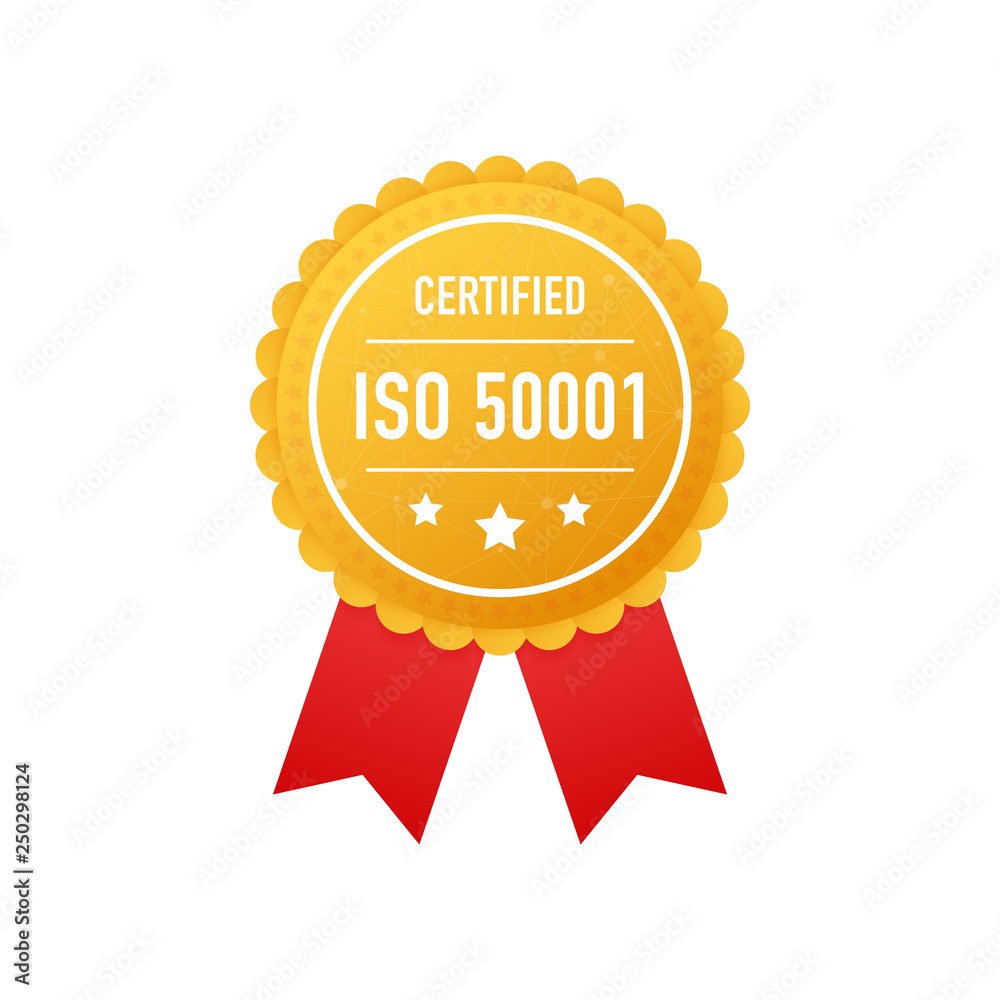 ISO 50001 certified golden label on white background. Vector ...