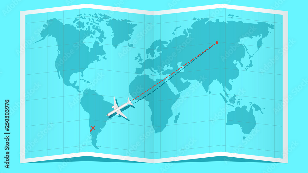 World map with airline route, Paper world map, the plane flies to its ...