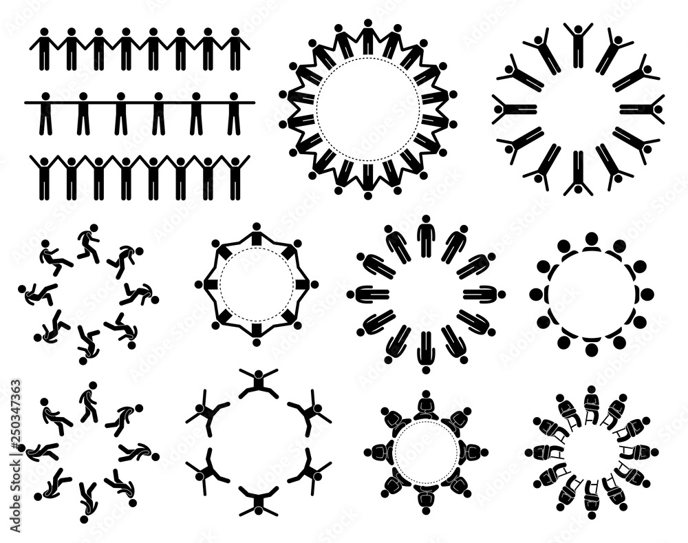 Group of people in circle. Illustrations depicts many people holding ...