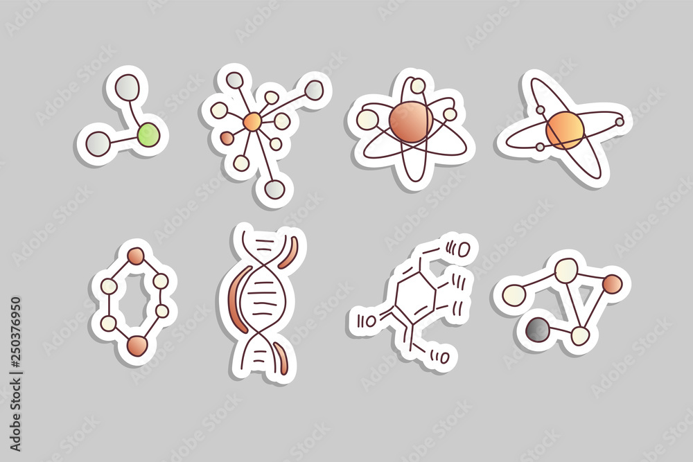 Стоковое векторное изображение «Cute cartoon molecule and atom icon set ...