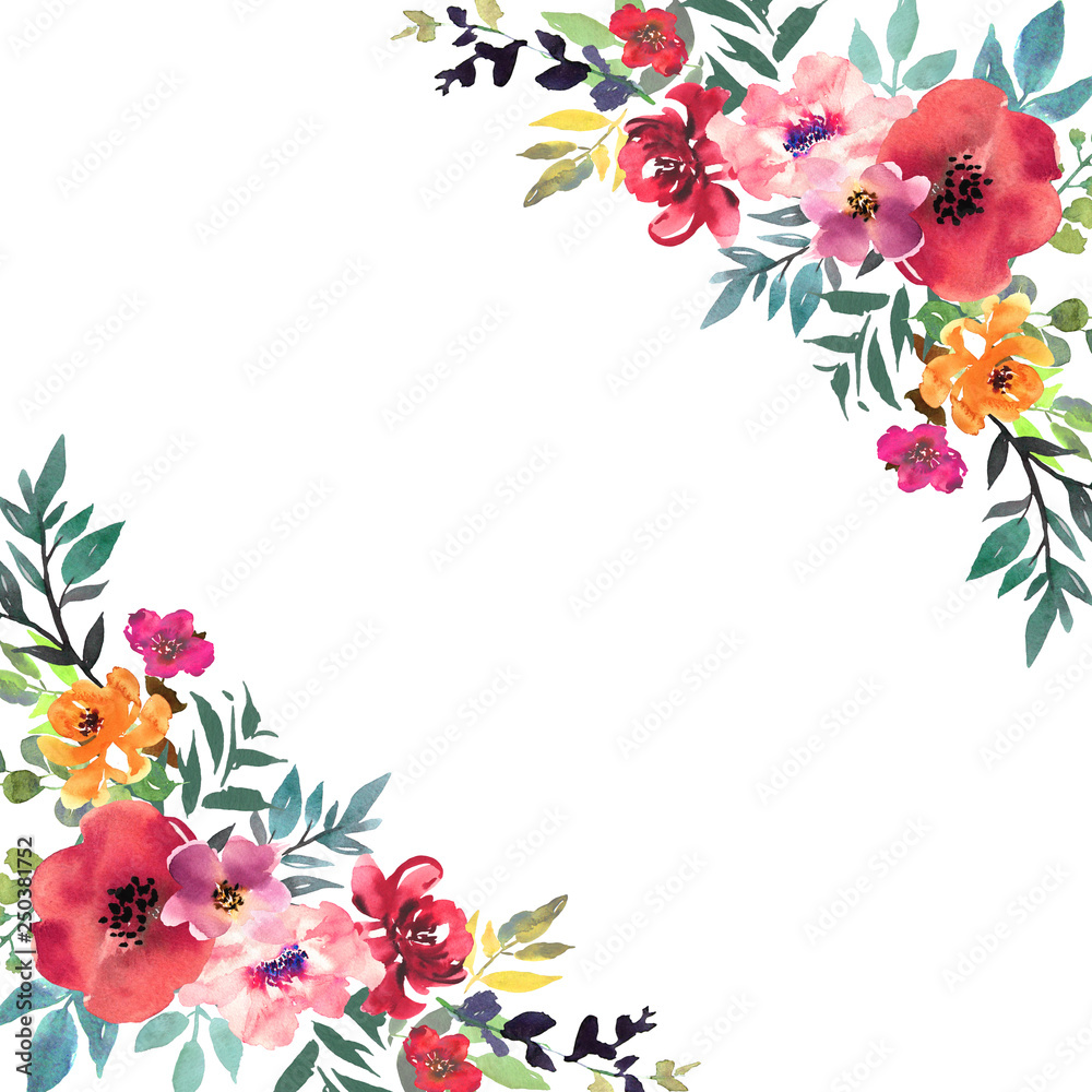 Hand drawn watercolor bouquet with place for your text. Bright blooming ...
