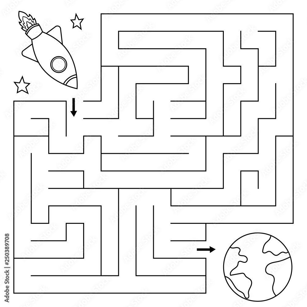 Maze game for children, help the rocket find right path to the earth ...