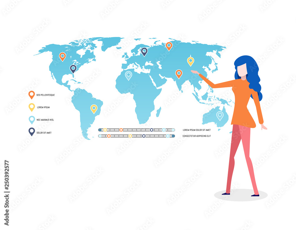 Woman presenting map with legend explanation vector. World with labels ...