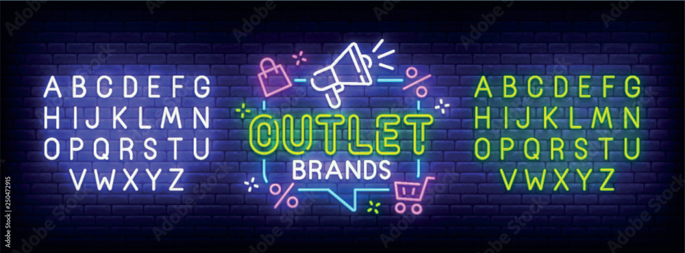 Outlet neon sign, bright signboard, light banner. Outlet logo, emblem ...