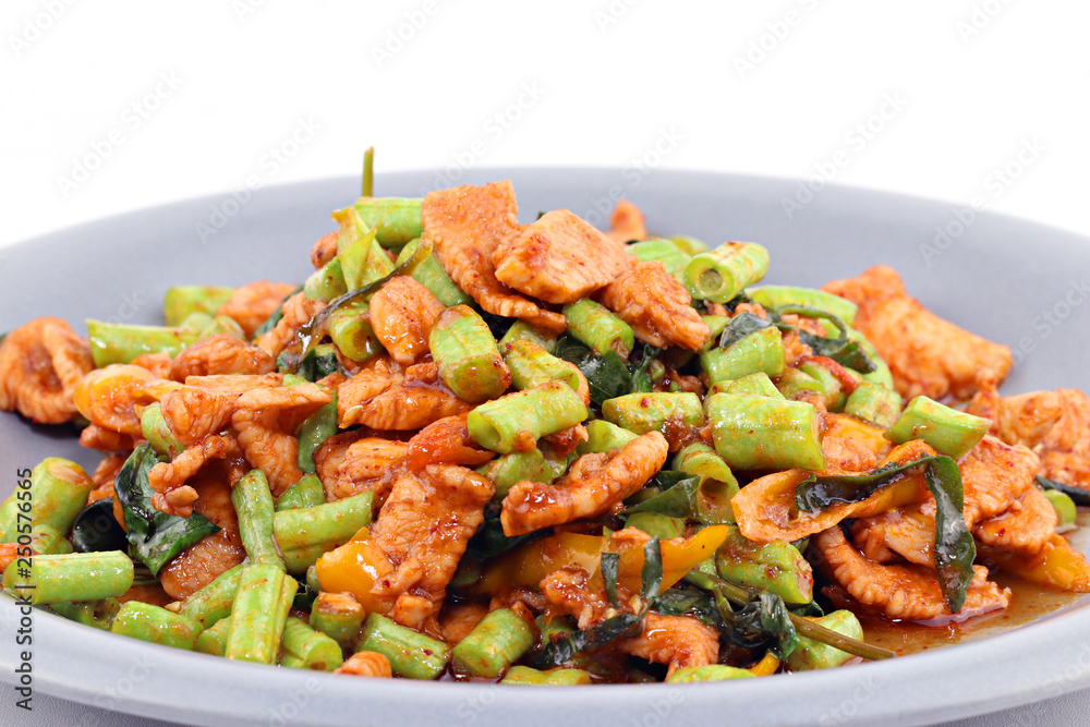 Stir fried chicken, sting bean with red curry paste,thai food Stock ...