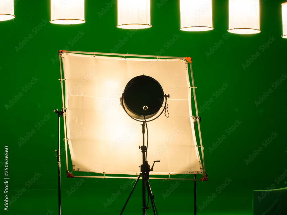 Modern TV Studio Green Screen chroma key background with camera and ...