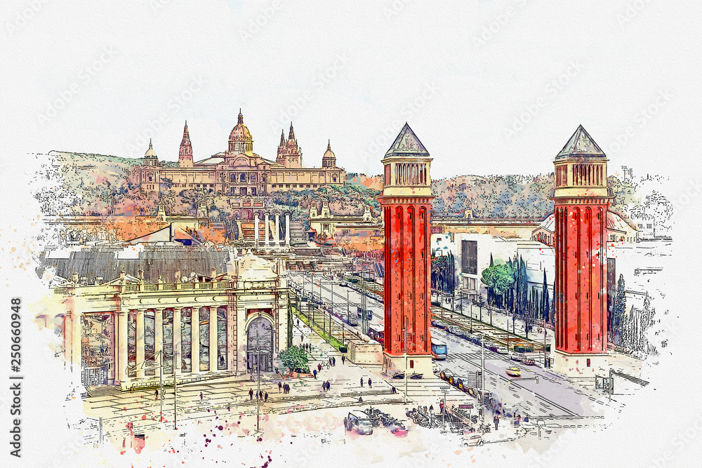 Watercolor sketch or illustration of a beautiful view of the ...