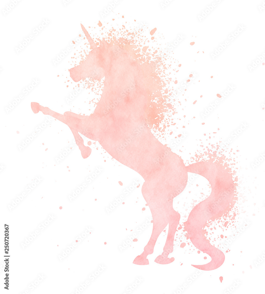 Watercolor unicorn silhouette painting with splash texture isolated on ...