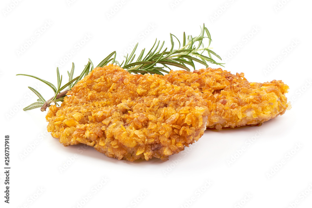 Delicious crispy chicken fillet in bread crumbs, close-up, isolated on ...