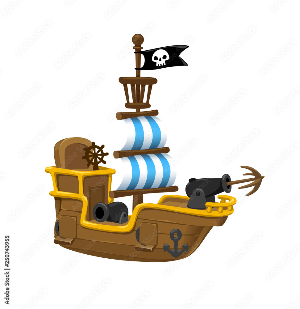 vector set of toy pirate wooden ship with pirate flag, gun, sail ...