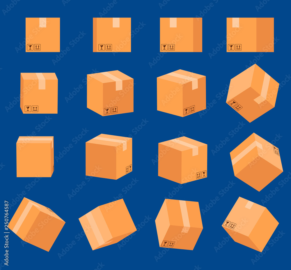 Vector set. Flat rotate cardboard box, angle carton boxes ...