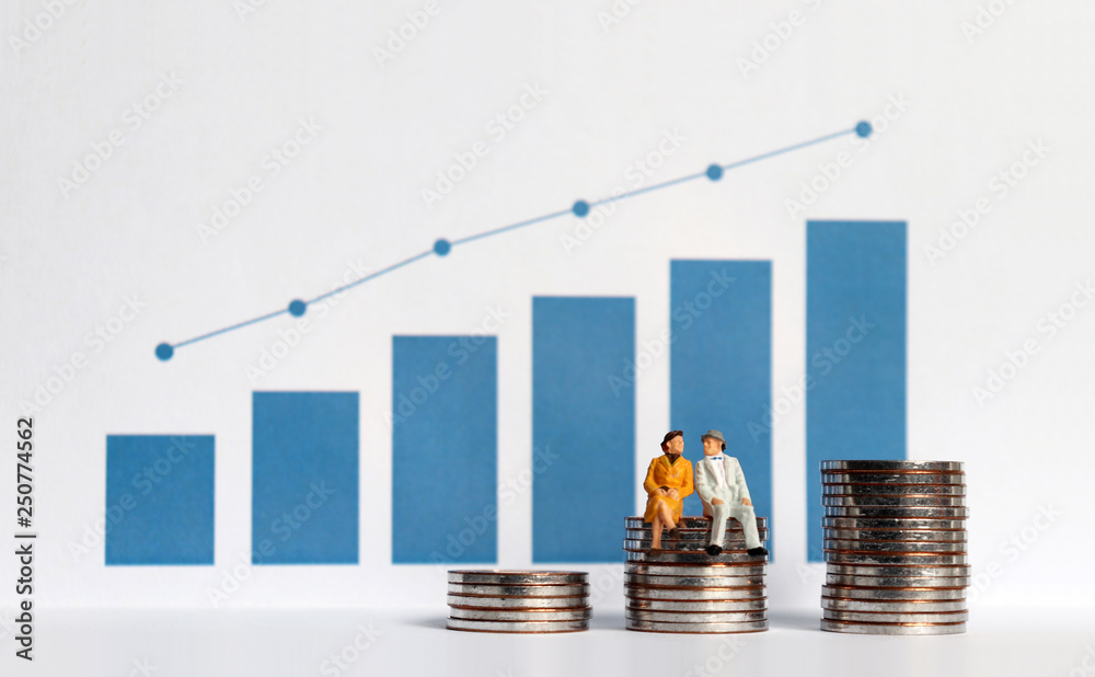 Blue bar graph with flow linear graph. The stack of coins and miniature ...