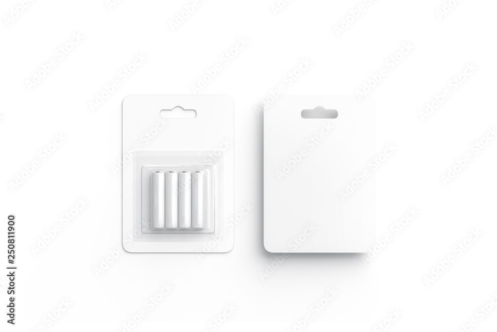 Blank white battery in cardboard pack mockup, front and back, isolated ...