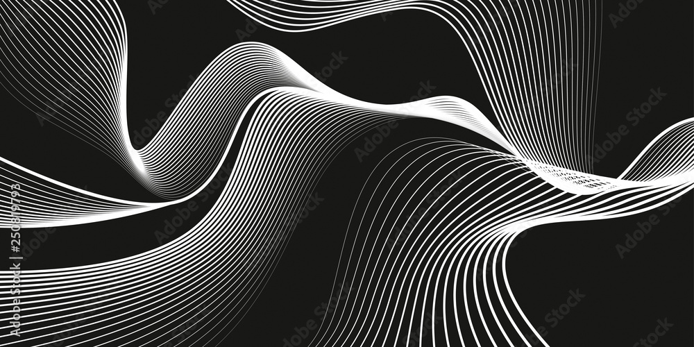 Waves of white lines. Monochrome background, black backdrop, abstract ...