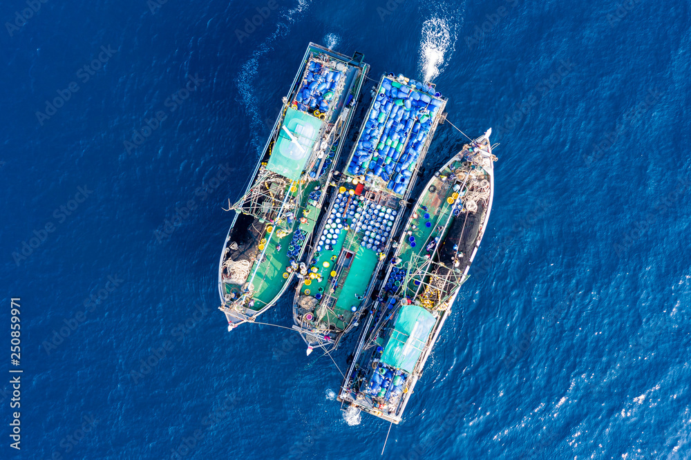 Industrial fishing - aerial view of large fishing trawlers sorting and ...