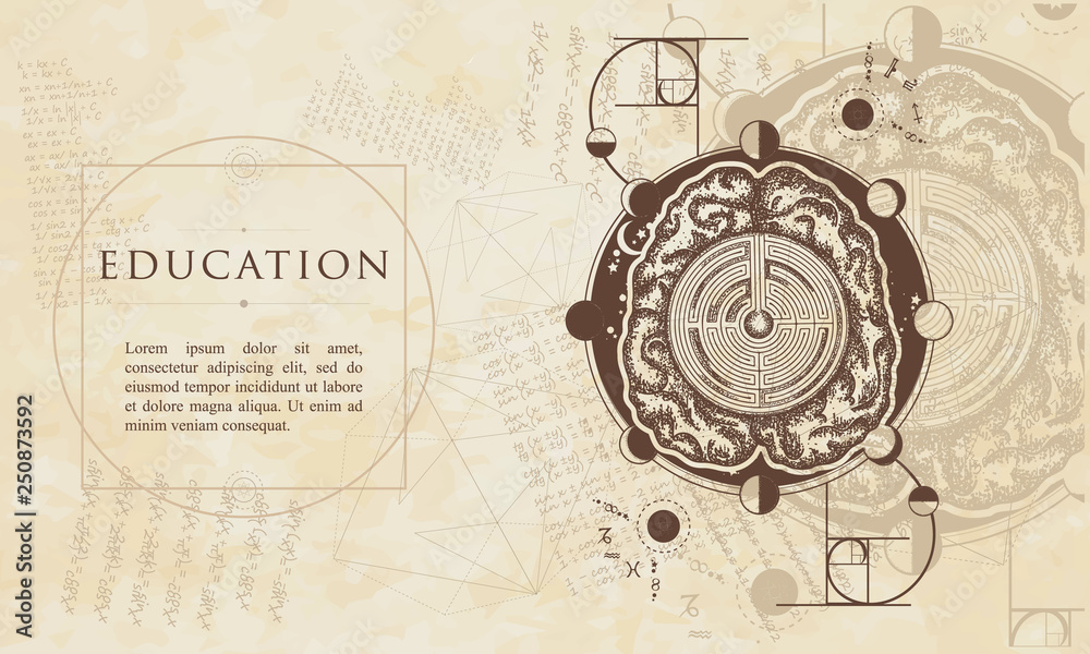 Education. Brain labyrinth and golden ratio. Renaissance background ...