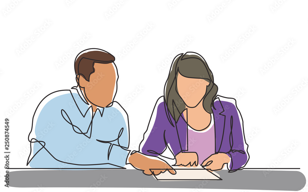 continuous line drawing of man instructing woman on work place Stock ...