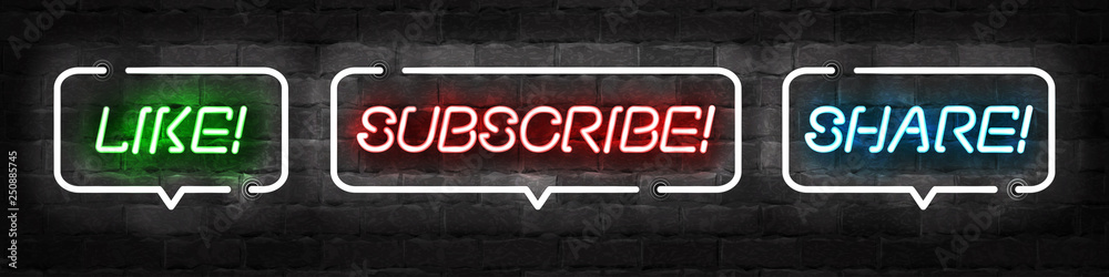 Vector set of realistic isolated neon sign of Subscribe, Like and Share ...