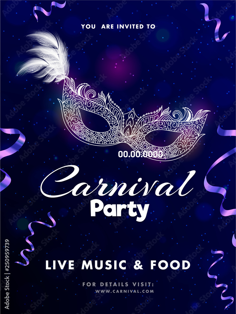 Line art illustration of party mask on blue background decorated with ...