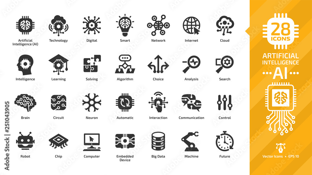 Vector artificial intelligence glyph icon set with machine learning ...