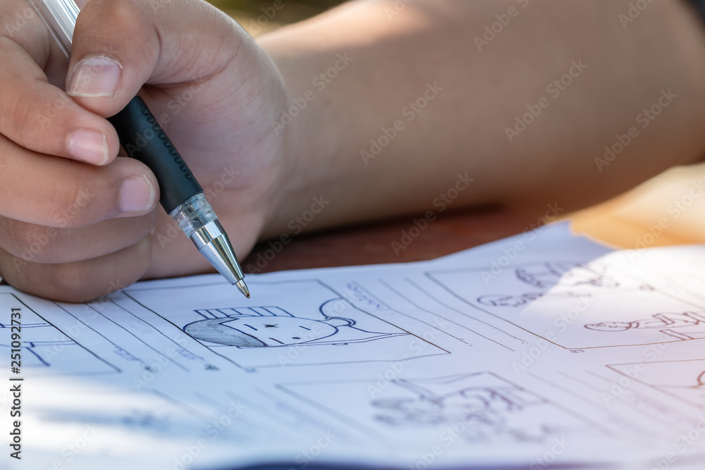 Pre-production for film movie story concept : Hands drawing storyboard ...