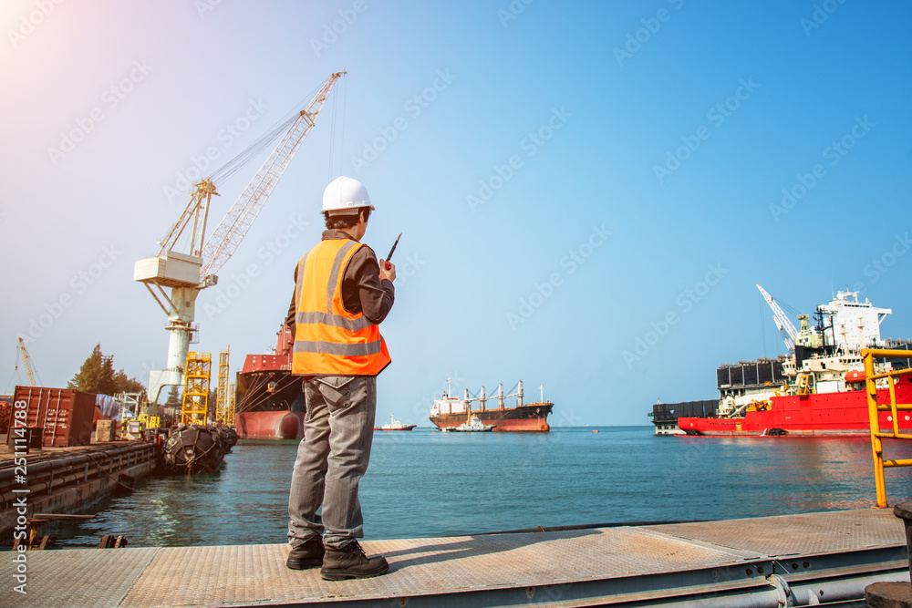 Foto de Stock harbor master port control in command the ship to takes ...